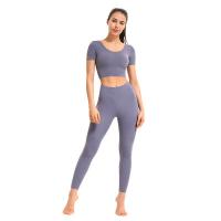 China 2021 Short Sleeve Two Piece sports suit Women High Waist Tight Sportswear Seamless Yoga Set ladies solid color Activewear for sale
