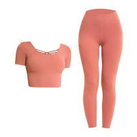 China 2021 Short Sleeve Two Piece sports suit Women High Waist Tight Sportswear Seamless Yoga Set ladies solid color Activewear for sale