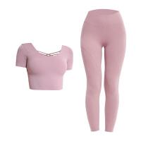China 2021 Short Sleeve Two Piece sports suit Women High Waist Tight Sportswear Seamless Yoga Set ladies solid color Activewear for sale