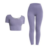 China 2021 Short Sleeve Two Piece sports suit Women High Waist Tight Sportswear Seamless Yoga Set ladies solid color Activewear for sale