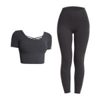 China 2021 Short Sleeve Two Piece sports suit Women High Waist Tight Sportswear Seamless Yoga Set ladies solid color Activewear for sale