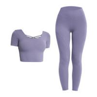 China 2021 Short Sleeve Two Piece sports suit Women High Waist Tight Sportswear Seamless Yoga Set ladies solid color Activewear for sale
