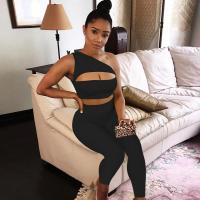 China The new summer women's sexy hollow out one shoulder bare back slim body solid color casual sports suit for sale