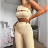 China The new summer women's sexy hollow out one shoulder bare back slim body solid color casual sports suit for sale