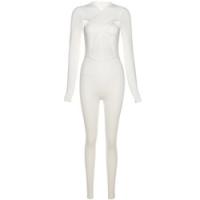China hot sale women long sleeve jumpsuit 2021 new design solid color hollow out bodycon cross bandage sportswear in stock for sale