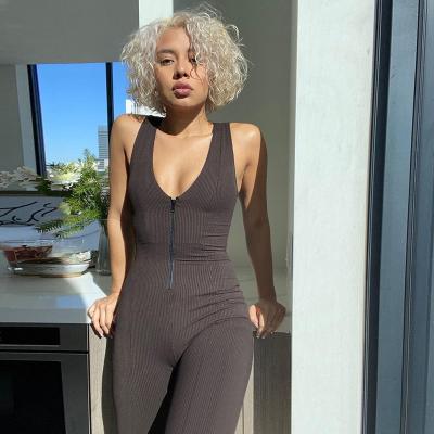 China ladies front Zipper Casual Active Wear Plus Size Rompers Skinny Solid color deep V Neck Jumpsuit for Women for sale