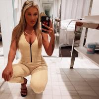 China ladies front Zipper Casual Active Wear Plus Size Rompers Skinny Solid color deep V Neck Jumpsuit for Women for sale