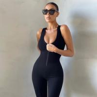 China ladies front Zipper Casual Active Wear Plus Size Rompers Skinny Solid color deep V Neck Jumpsuit for Women for sale