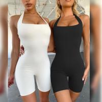 China 2021 summer Solid color Sport Running Halter Sleeveless Backless Skinny Rompers High Quality Women Workout Yoga Sets for sale