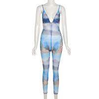China 2021 Sexy deep V gauze see-through print breathable tight sports jumpsuit for summer women's sports wear for sale
