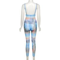 China 2021 Sexy deep V gauze see-through print breathable tight sports jumpsuit for summer women's sports wear for sale