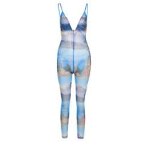 China 2021 Sexy deep V gauze see-through print breathable tight sports jumpsuit for summer women's sports wear for sale