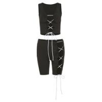 China 2021 summer Sexy Two Pieces sports Outfits Lace-Up Solid color yoga Sets For Women Plus Size Skinny hollow out Short sportswear for sale