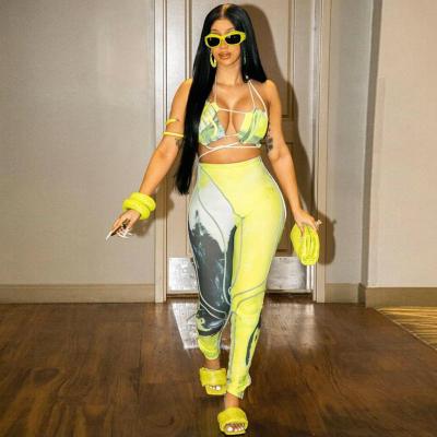 China 2021 summer women's sexy new one-shoulder strap clubwear  print contrast color hollow out tight casual sports suit for sale