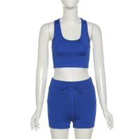 China 2021 summer two new pieces sports set include women's summer solid color U-shaped neck midriff-baring vest and Belts shorts for sale
