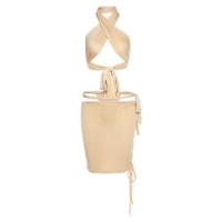 China The new summer women's dress 2021 sexy neckline fashion solid color tie casual skirt halter three pieces clubwear for sale