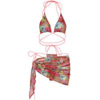 China Summer 2021 women's sexy new gauze print halter neck strapping vest G-string backless bikini set two pieces Nightclub clothing for sale