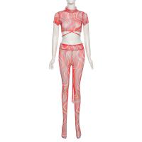 China new design transparent Net yarn perspective Sexy short sleeve sports outfit Solid color fashion two-piece women yoga set for sale