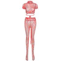 China new design transparent Net yarn perspective Sexy short sleeve sports outfit Solid color fashion two-piece women yoga set for sale