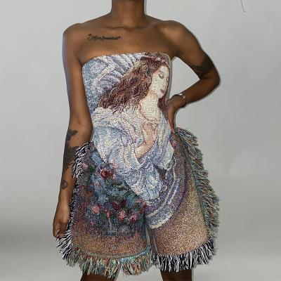China 2021 New summer women's fashion print tassel strapless clubwear sexy breast wrap street style straight casual jumpsuit for sale