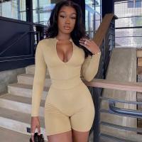 China 2021 summer Best Selling women Long Sleeve Grey front Zipper Open Chest Casual Jumpsuit One Piece Short sports set for sale