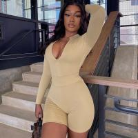 China 2021 summer Best Selling women Long Sleeve Grey front Zipper Open Chest Casual Jumpsuit One Piece Short sports set for sale