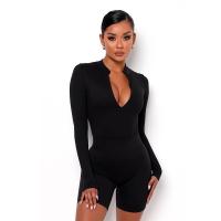 China 2021 summer Best Selling women Long Sleeve Grey front Zipper Open Chest Casual Jumpsuit One Piece Short sports set for sale