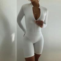 China 2021 summer Best Selling women Long Sleeve Grey front Zipper Open Chest Casual Jumpsuit One Piece Short sports set for sale