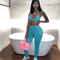 China ladies new sexy low-cut halter vest hanging neck crop tops tight long pants leisure two-piece sportswear for sale