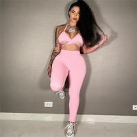 China ladies new sexy low-cut halter vest hanging neck crop tops tight long pants leisure two-piece sportswear for sale