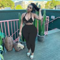 China ladies new sexy low-cut halter vest hanging neck crop tops tight long pants leisure two-piece sportswear for sale