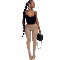 China 2021 new women sexy summer dress black and khaki contrast color patchwork slimmer Net yarn breathable yoga leggings for sale