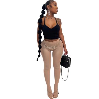 China 2021 new women sexy summer dress black and khaki contrast color patchwork slimmer Net yarn breathable yoga leggings for sale