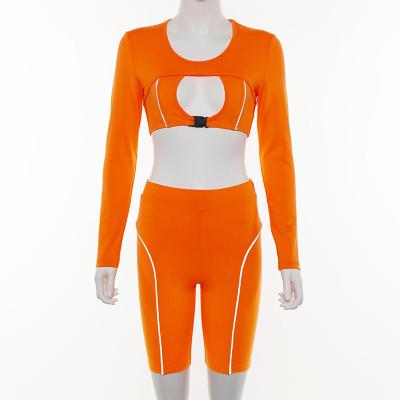 China Women Two Piece Short Set Casual Sportswear bright Long Sleeve Jogging Crop Top Workout Set Sweat Suit for sale