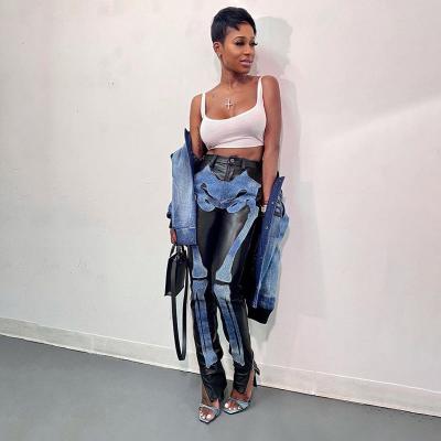 China Wholesale Custom Women Fashion Street Shot PU Imitation Leather High Waist Tight Splicing Casual Jeans Pants for sale