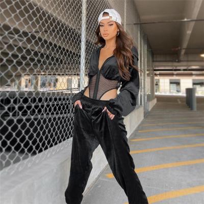 China new Fall mesh sexy see through long sleeve bodysuits yoga pants 2 piece sports outfits women  two pieces sport suit ems for sale
