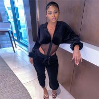 China new Fall mesh sexy see through long sleeve bodysuits yoga pants 2 piece sports outfits women  two pieces sport suit ems for sale