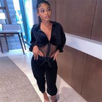 China new Fall mesh sexy see through long sleeve bodysuits yoga pants 2 piece sports outfits women  two pieces sport suit ems for sale