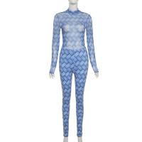 China Night Club Women Bodycon two Pieces Blue Mesh Jumpsuit ladies Rompers Long Sleeves fitness Clothing in stock for sale