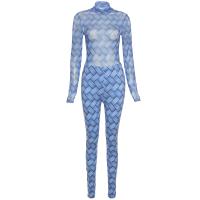 China Night Club Women Bodycon two Pieces Blue Mesh Jumpsuit ladies Rompers Long Sleeves fitness Clothing in stock for sale
