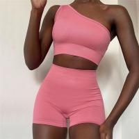 China Summer sportswear new women sexy sloping shoulder vest running gym wear tight high waist shorts sports fitness suit for sale