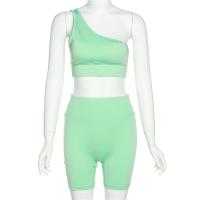 China Summer sportswear new women sexy sloping shoulder vest running gym wear tight high waist shorts sports fitness suit for sale
