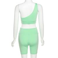 China Summer sportswear new women sexy sloping shoulder vest running gym wear tight high waist shorts sports fitness suit for sale