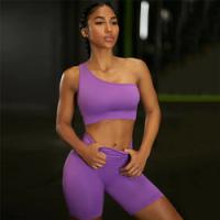 China Summer sportswear new women sexy sloping shoulder vest running gym wear tight high waist shorts sports fitness suit for sale