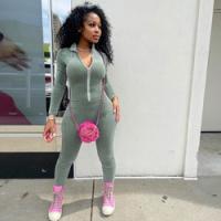 China 2021 Summer New Sexy Jumpsuit Women Black Turtleneck Zipper Skinny Rompers Casual Sportswear Fitness clothes for sale