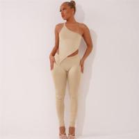 China Spring women fitness yoga clothing new fashion irregular sloping shoulder slim top high waist casual trousers suit for sale
