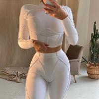 China Spring and Summer women running yoga set new sexy long sleeve tight top high waist trousers sports fitness suit for sale