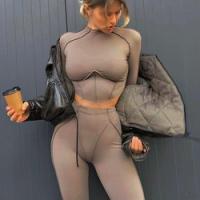 China Spring and Summer women running yoga set new sexy long sleeve tight top high waist trousers sports fitness suit for sale