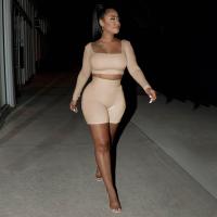 China New Women Sexy Two Piece fitness Sets Open Back Fashion Long Sleeve Top Elastic and high Waist Shorts Basic gym Tracksuit for sale