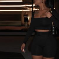 China New Women Sexy Two Piece fitness Sets Open Back Fashion Long Sleeve Top Elastic and high Waist Shorts Basic gym Tracksuit for sale